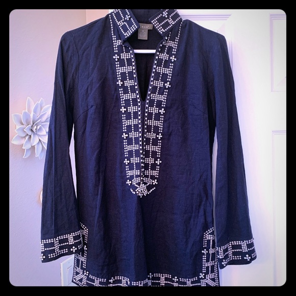 Kenar | Tops | Linen Tunic With Rhinestones Metallic Stitching | Poshmark